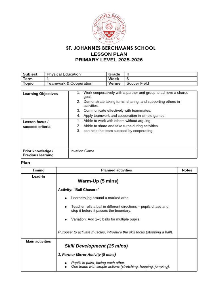 Primary 2 PE Lesson: Teamwork Skills | PDF | Lesson Plan | Human ...