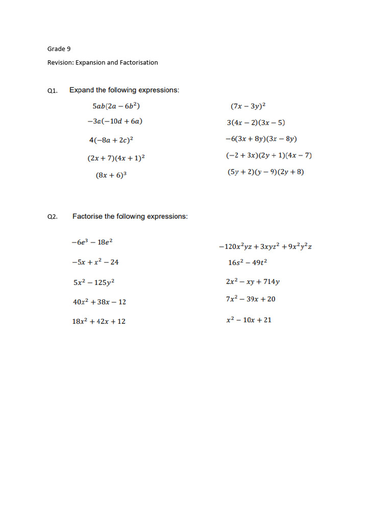 Grade 9 Expansion and Factorisation | PDF