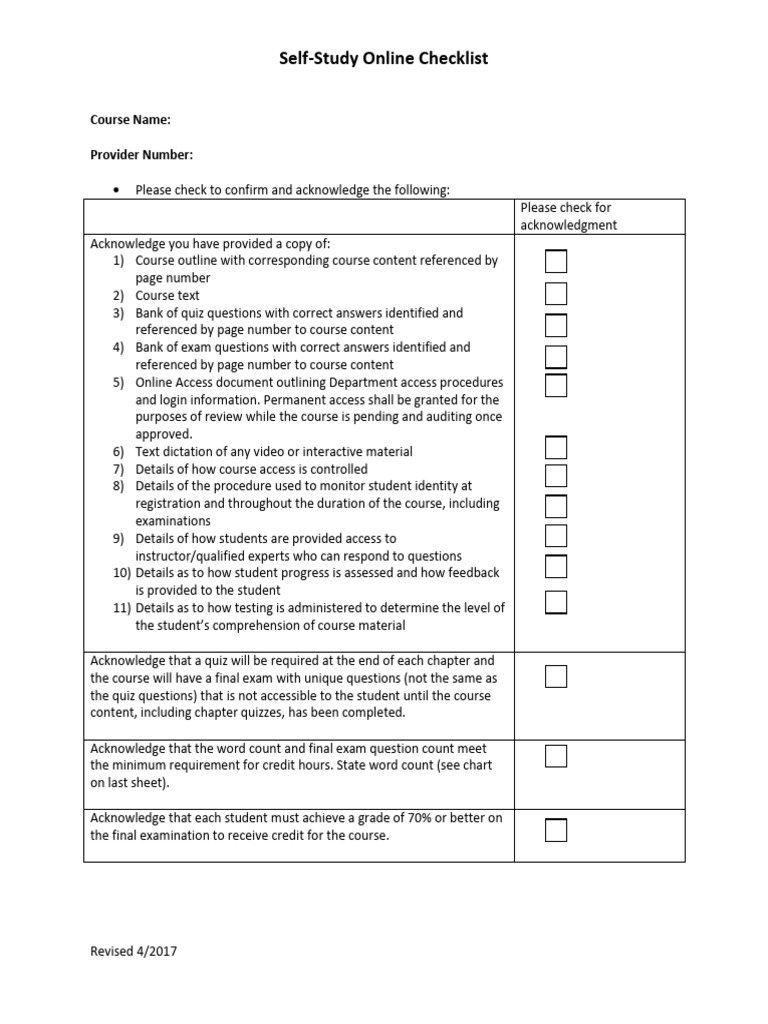 Self-Study Course Requirements Checklist | PDF | Quiz