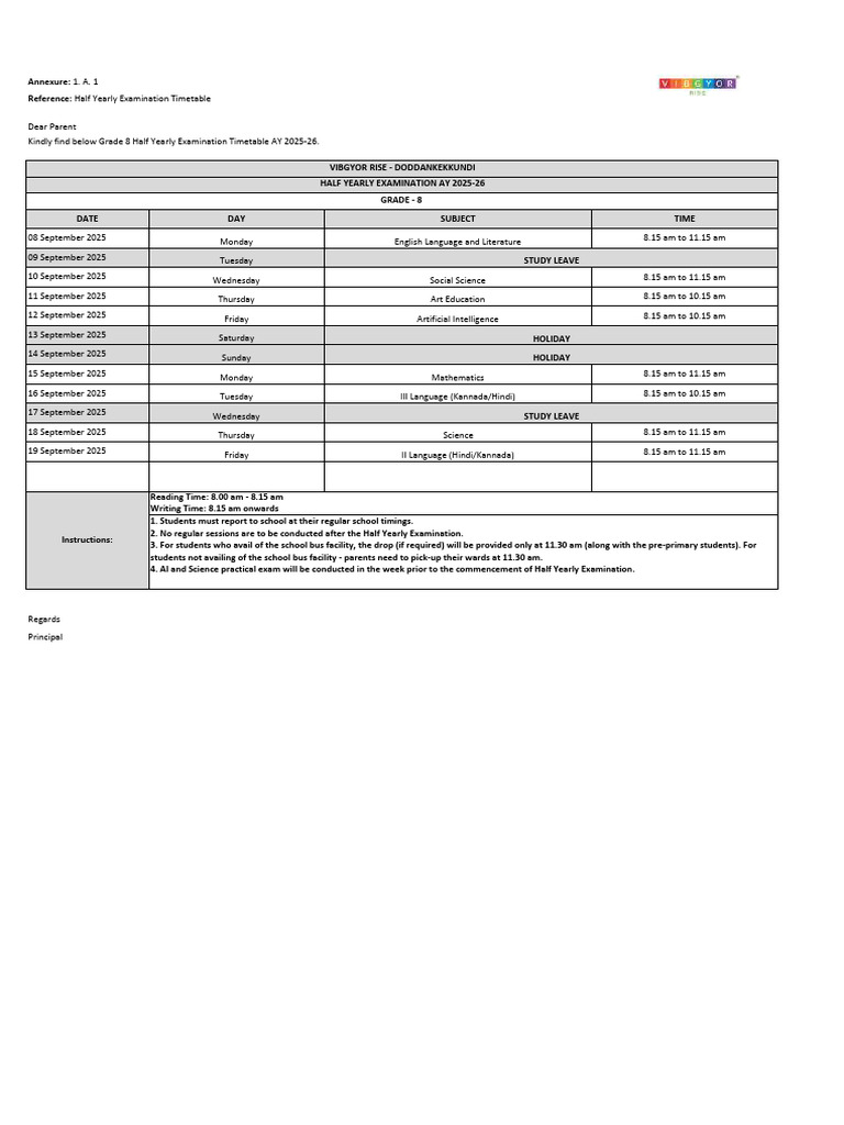 Annexure 1. a. 1 Grade 8 Half Yearly Examination Timetable AY 2025-26 | PDF