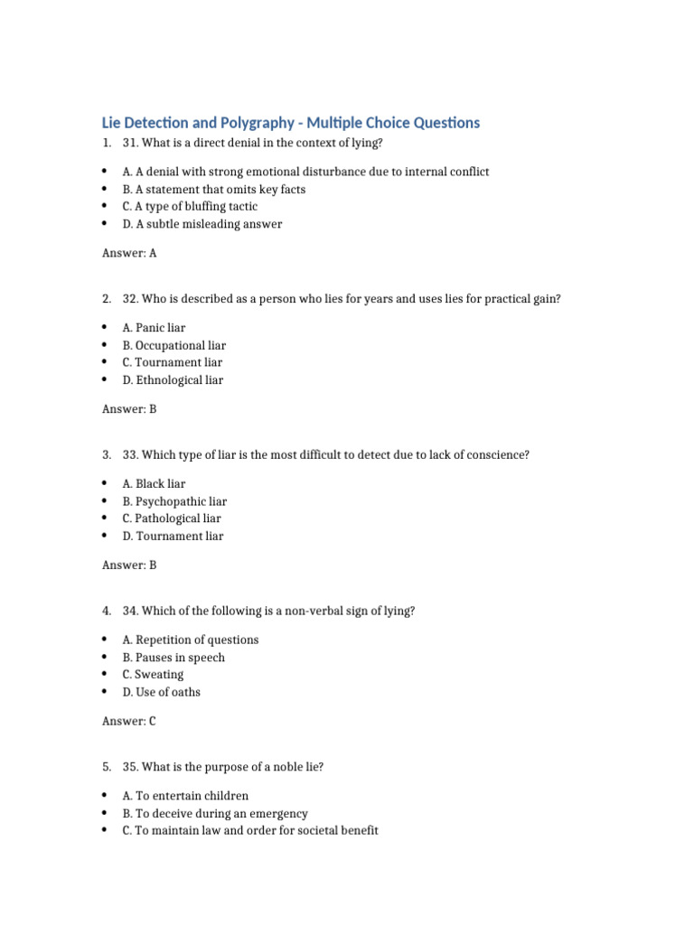 Lie Detection MCQs 31 To 100 | PDF | Polygraph | Human Communication