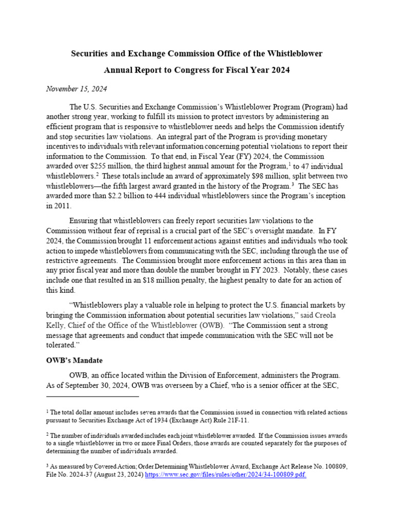 Fy24 Annual Whistleblower Report | PDF | U.S. Securities And Exchange ...