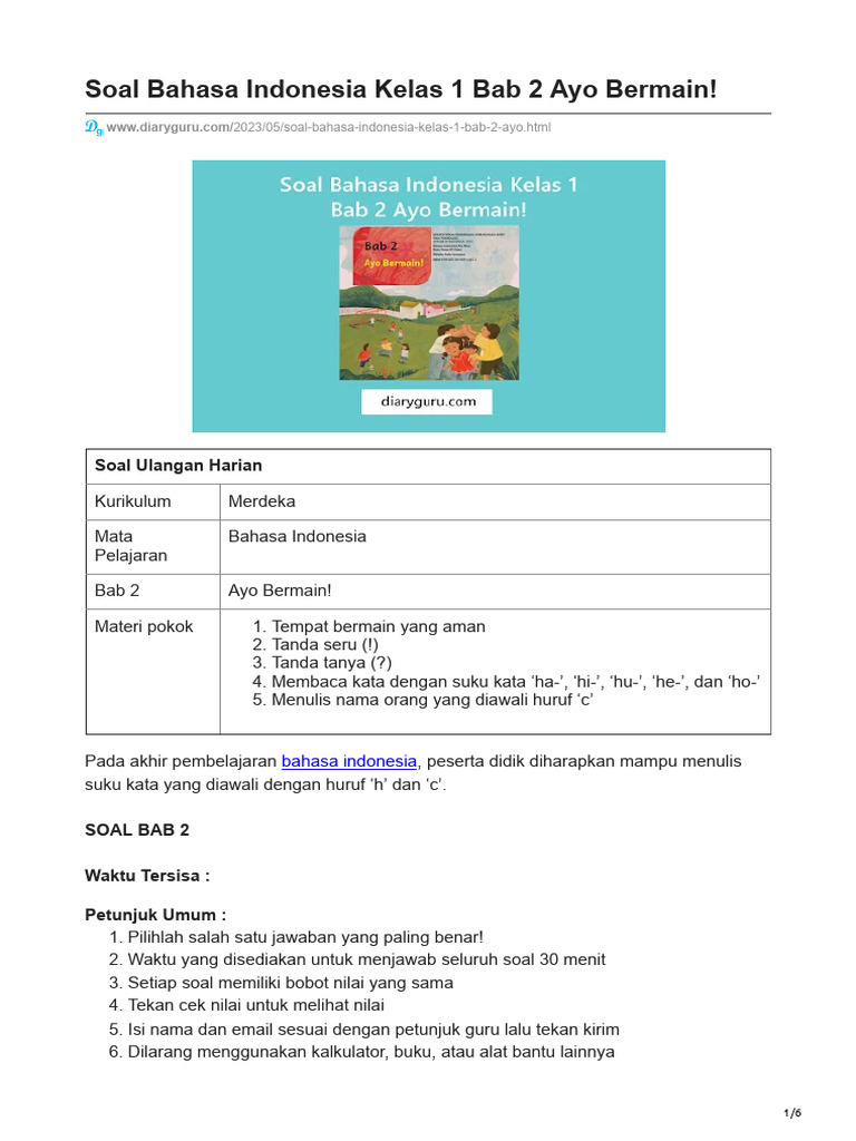 Soal Bahasa Indonesia Kelas 1 Bab 2 Ayo Bermain! | PDF