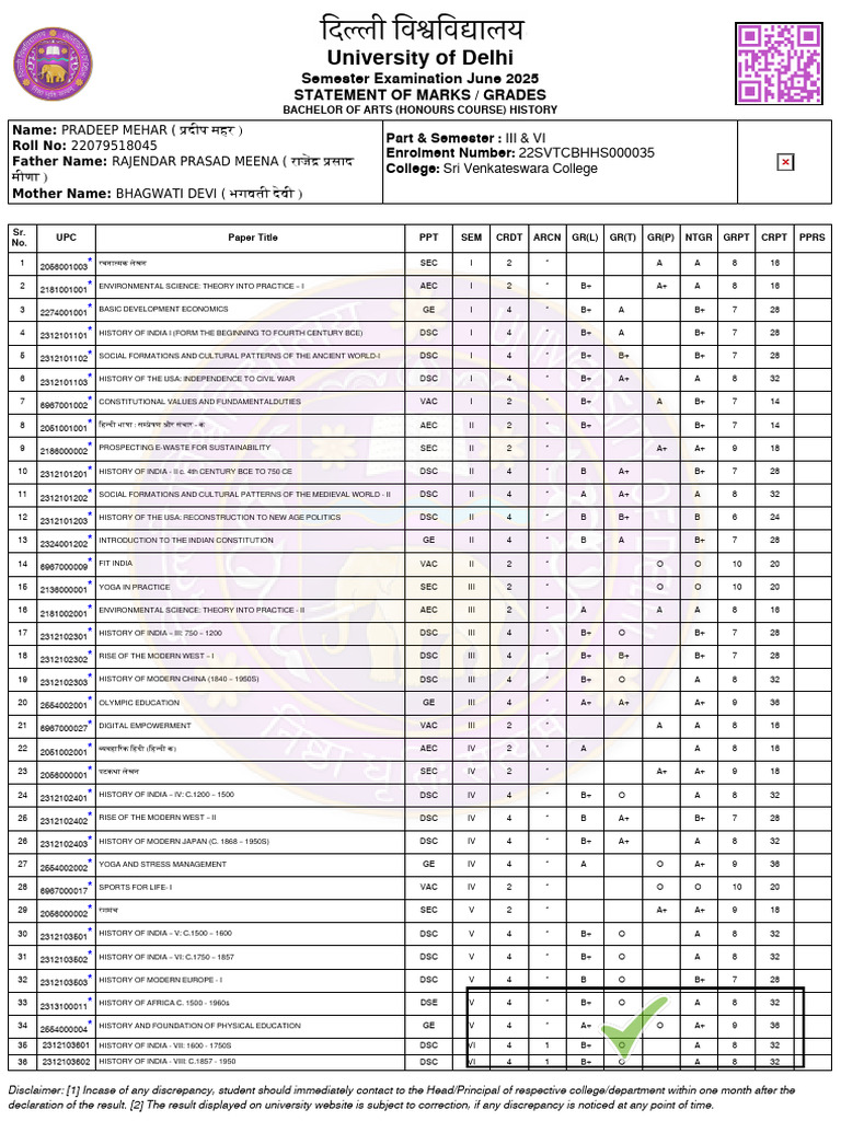 DU BA History Semester VI Marks Statement | PDF
