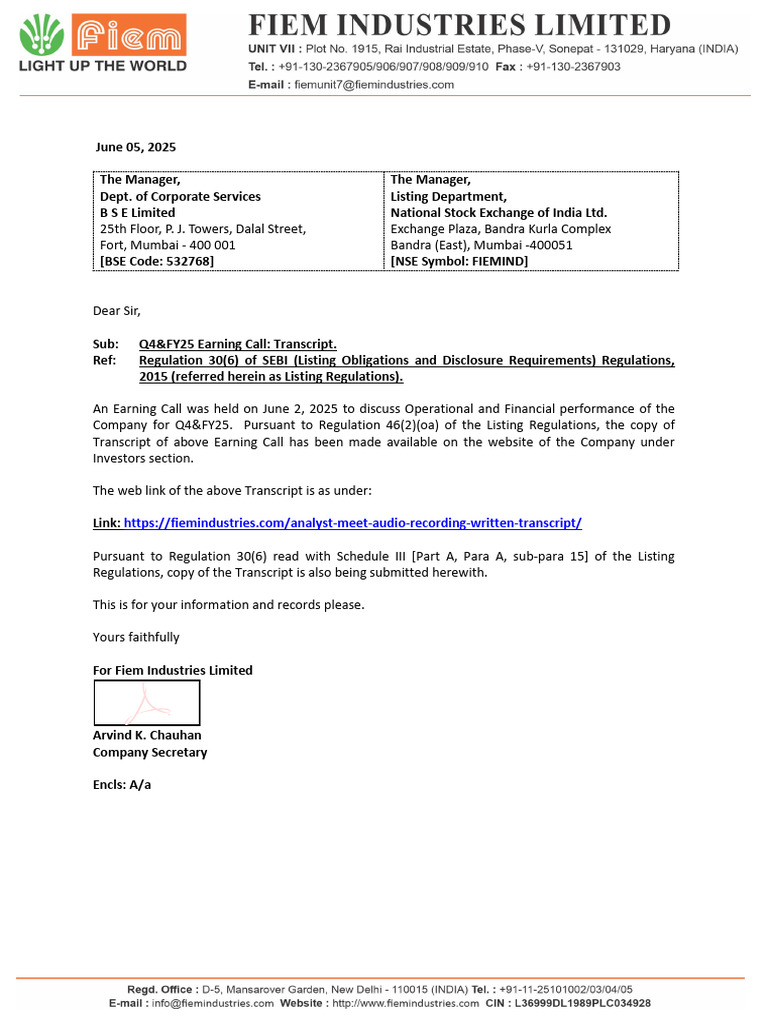 Fiem Industries Q4 FY25 Earnings Call Transcript | PDF | Headlamp