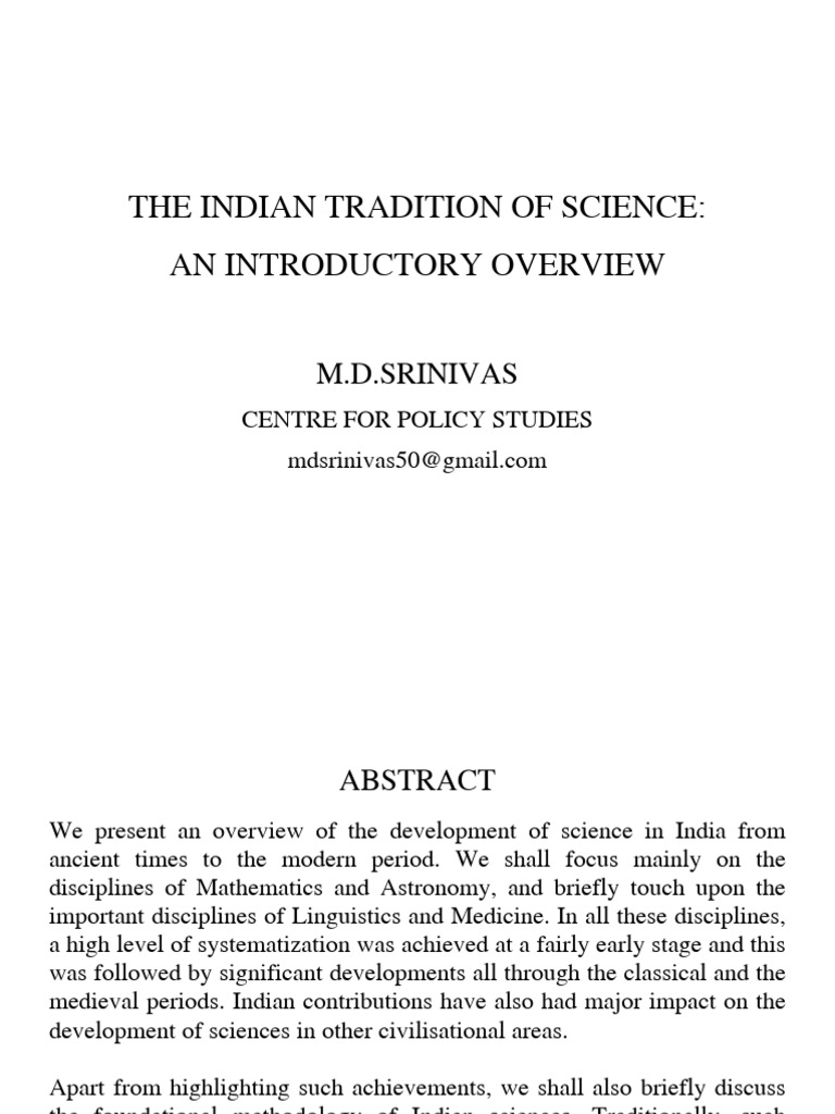 Indian Tradition of Science - An Introductory Overview Srinivas (2016 ...