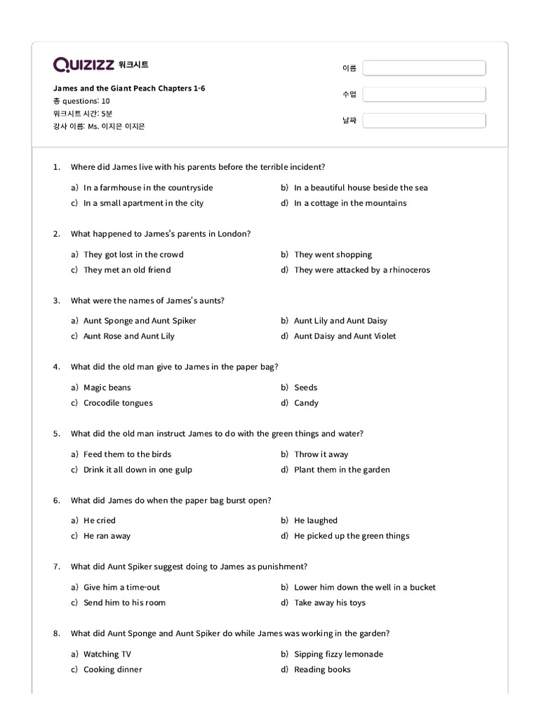James and The Giant Peach Chapters 1-6 - Quizizz | PDF