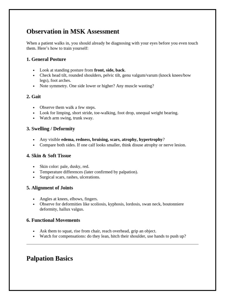 MSK Assessment: Observation & Palpation Guide | PDF