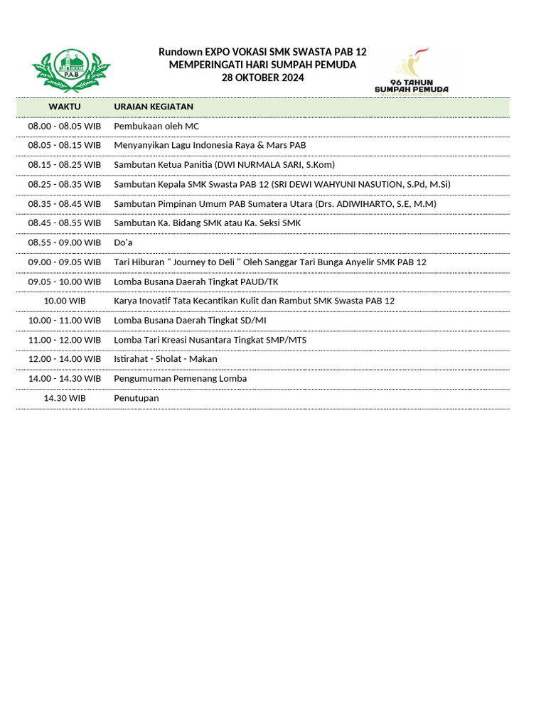 Rundown EXPO Vokasi SMK PAB 12 2024 | PDF
