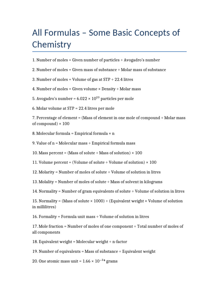 Basic Chemistry Formulas Overview | PDF | Mole (Unit) | Molecules