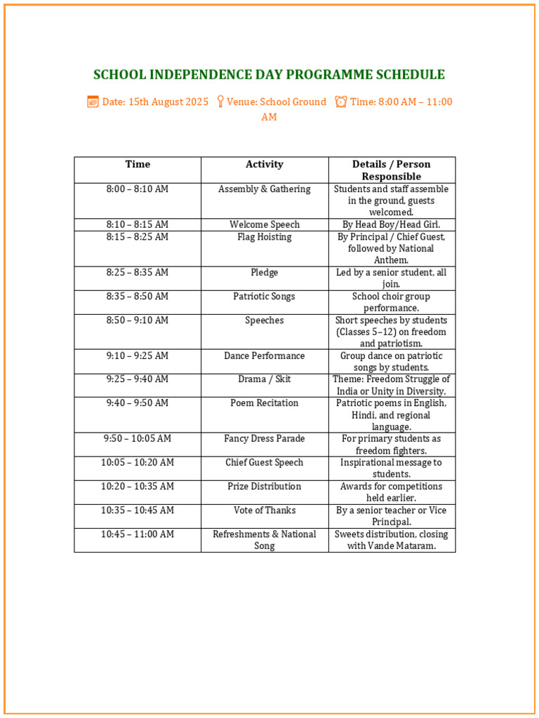 Independence Day Schedule | PDF
