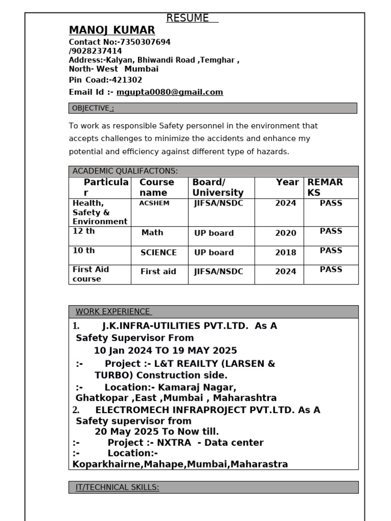 Manoj Kumar Resume | PDF