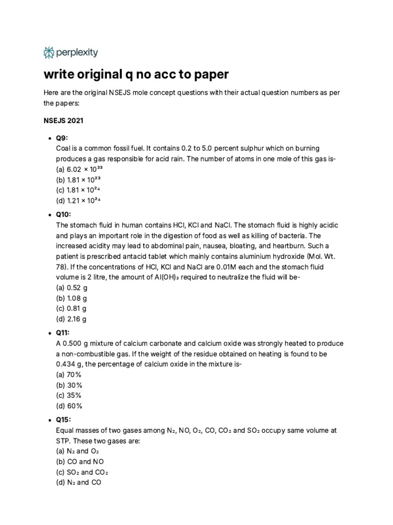 Write Original Q No Acc To Paper | PDF | Mole (Unit) | Osmosis