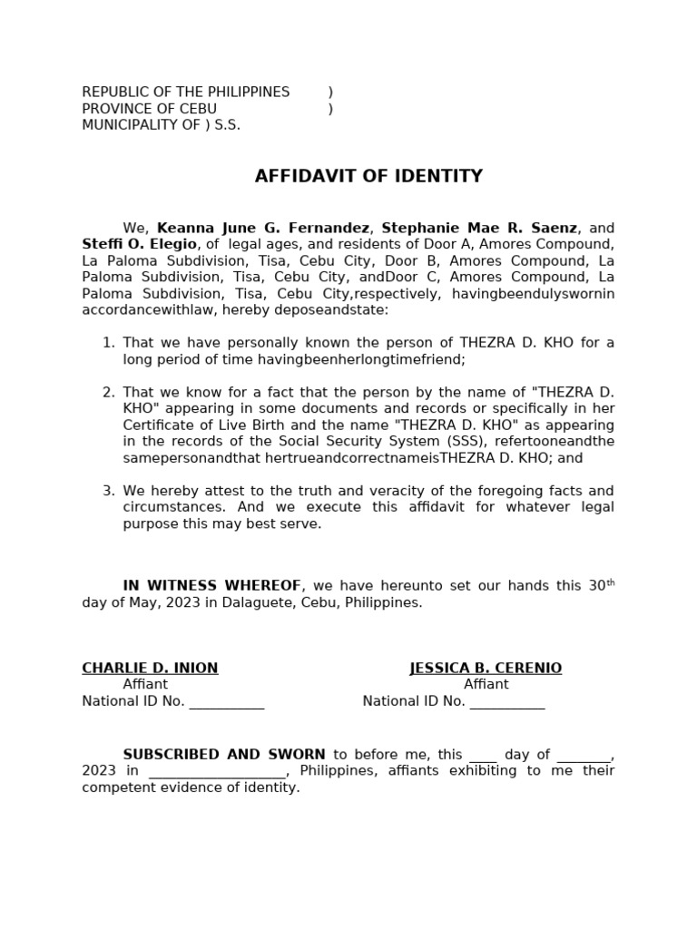 Affidavit of Identity for Thezra D. Kho | PDF
