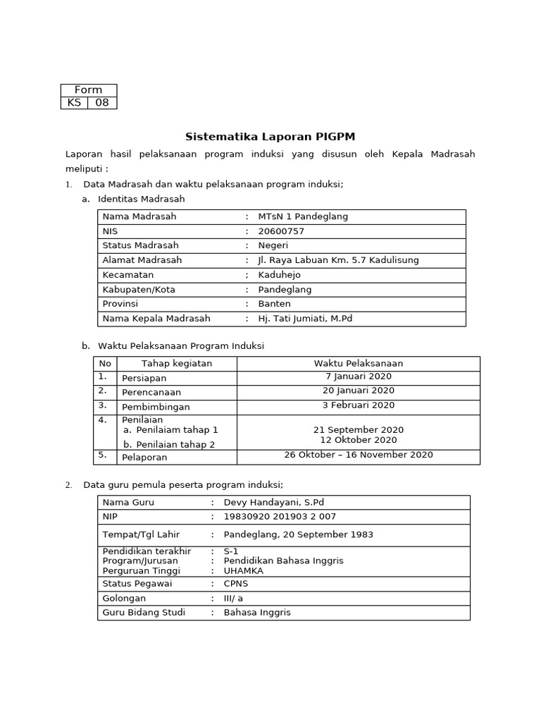 Laporan Program Induksi Guru Madrasah | PDF