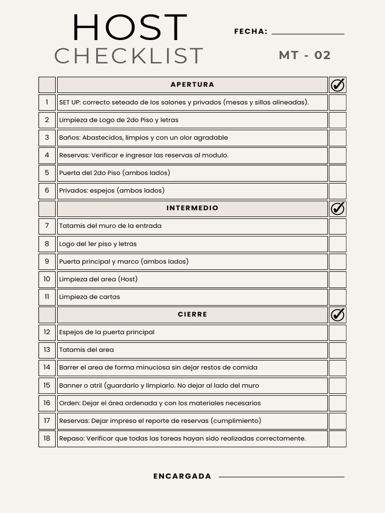 Checklist de Limpieza y Organización de Salones | PDF