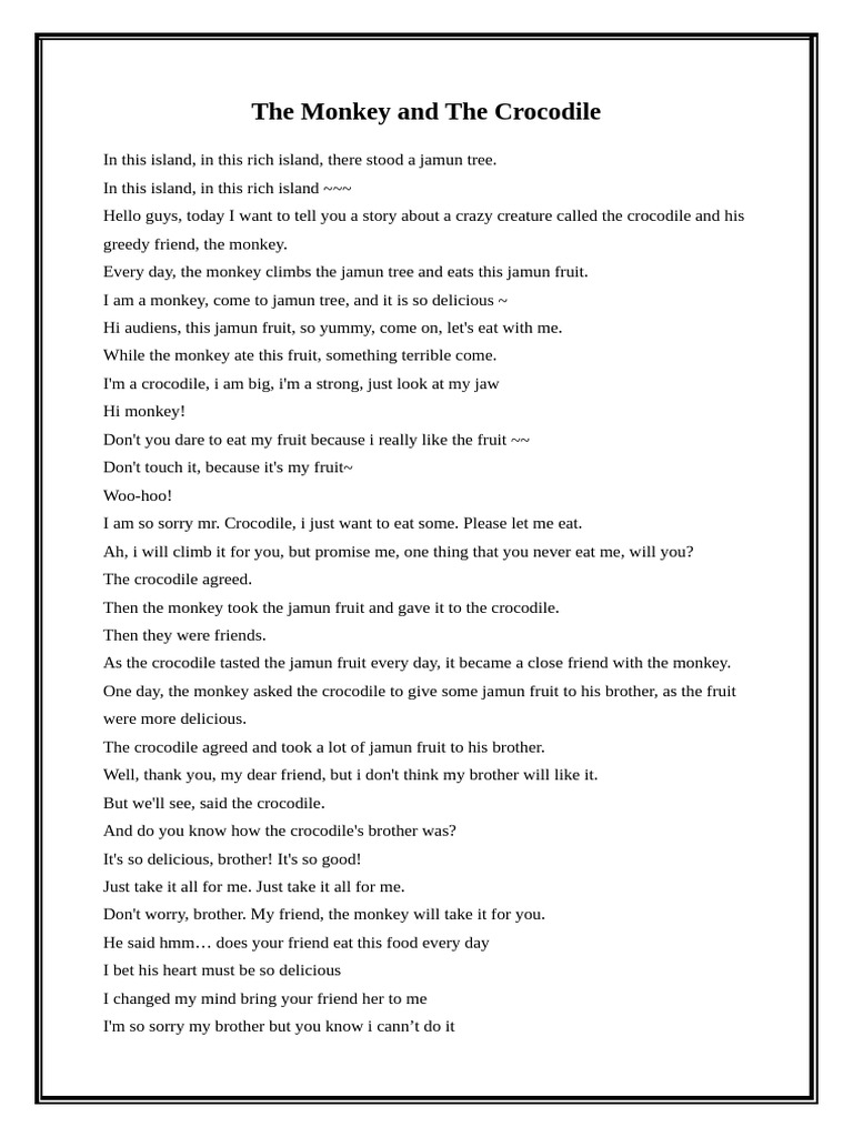 Monkey and Crocodile's Friendship Tale | PDF
