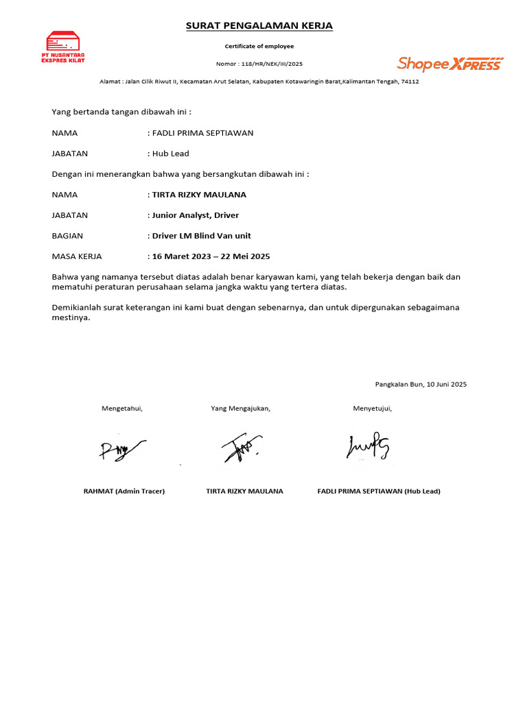 Paklaring Kerja Logistik | PDF