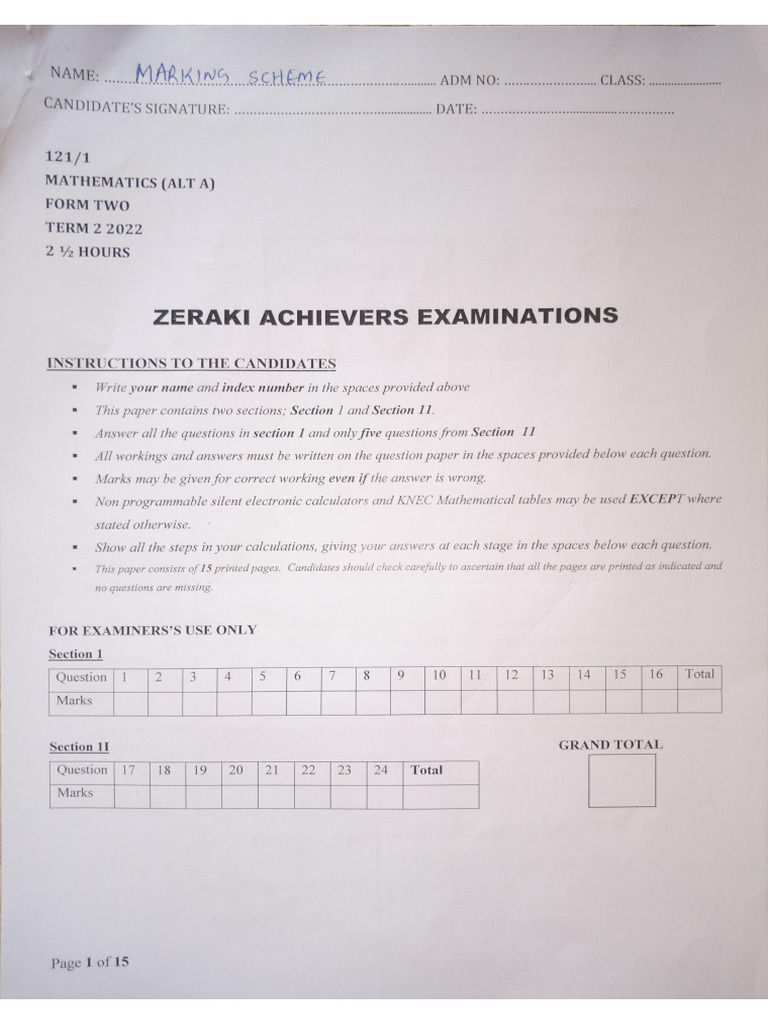 Mathematics Form 2 - Marking Scheme | PDF