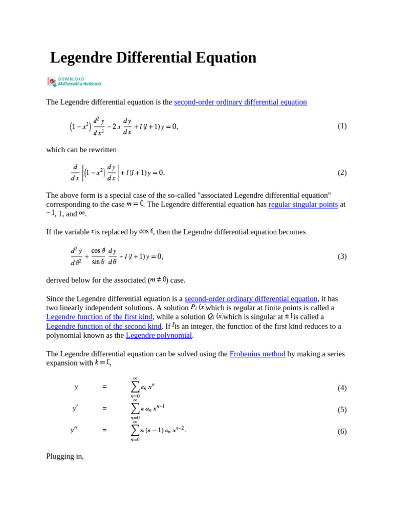 Legendre Differential Equation | PDF | Equations | Mathematical Analysis