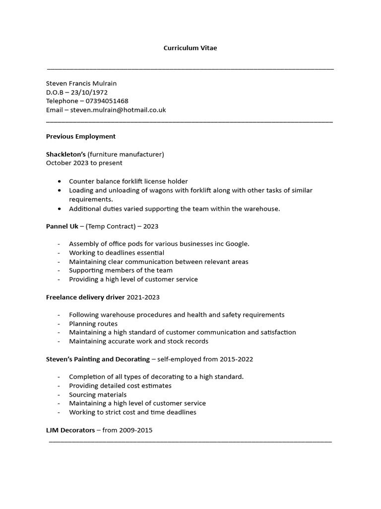 Steven Mulrain's Professional CV | PDF