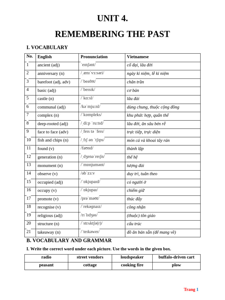 Tu Vung Va Ngu Phap Tieng Anh 9 Global Unit 4 REMEMBERING The PAST ...
