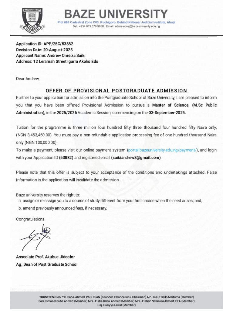Admission Portal - Baze University Abuja | PDF