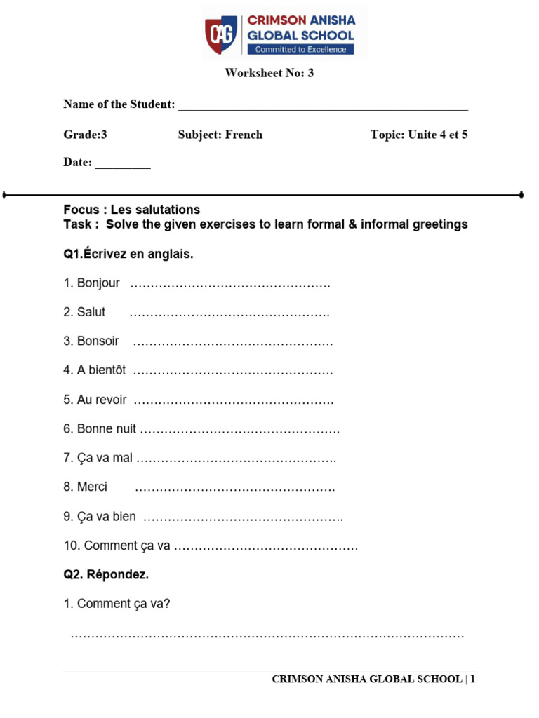 Grade 3 French Greetings Worksheet | PDF