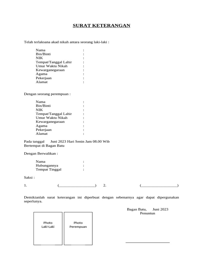 Surat Keterangan Akad Nikah Bagan Batu | PDF