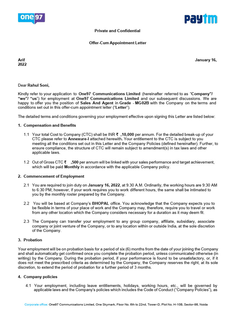 One97 Communications Job Offer Letter | PDF | Intellectual Property ...