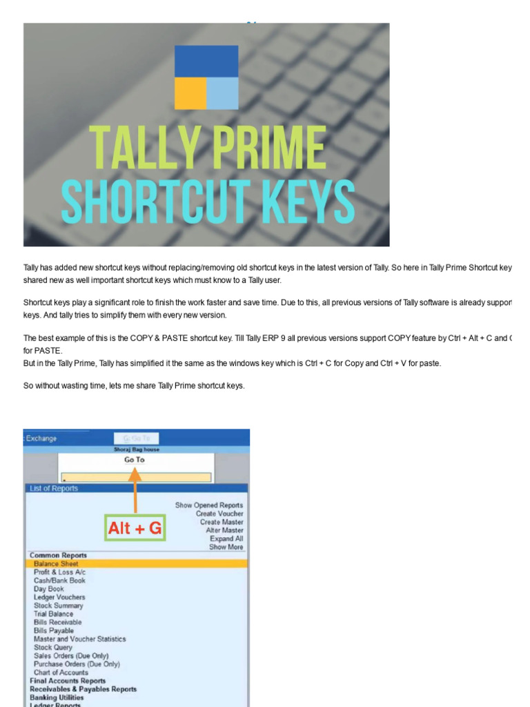Tally Prime Shortcut Keys Guide | PDF | Keyboard Shortcut | System Software