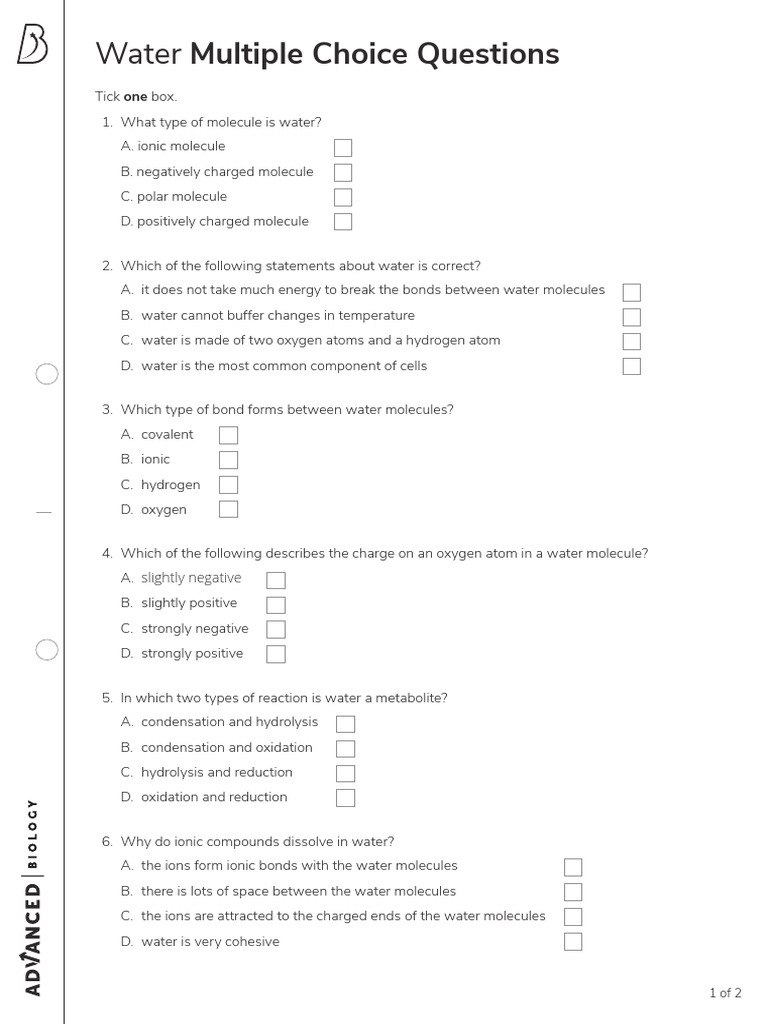 Water Multiple Choice Questions | PDF | Properties Of Water | Water