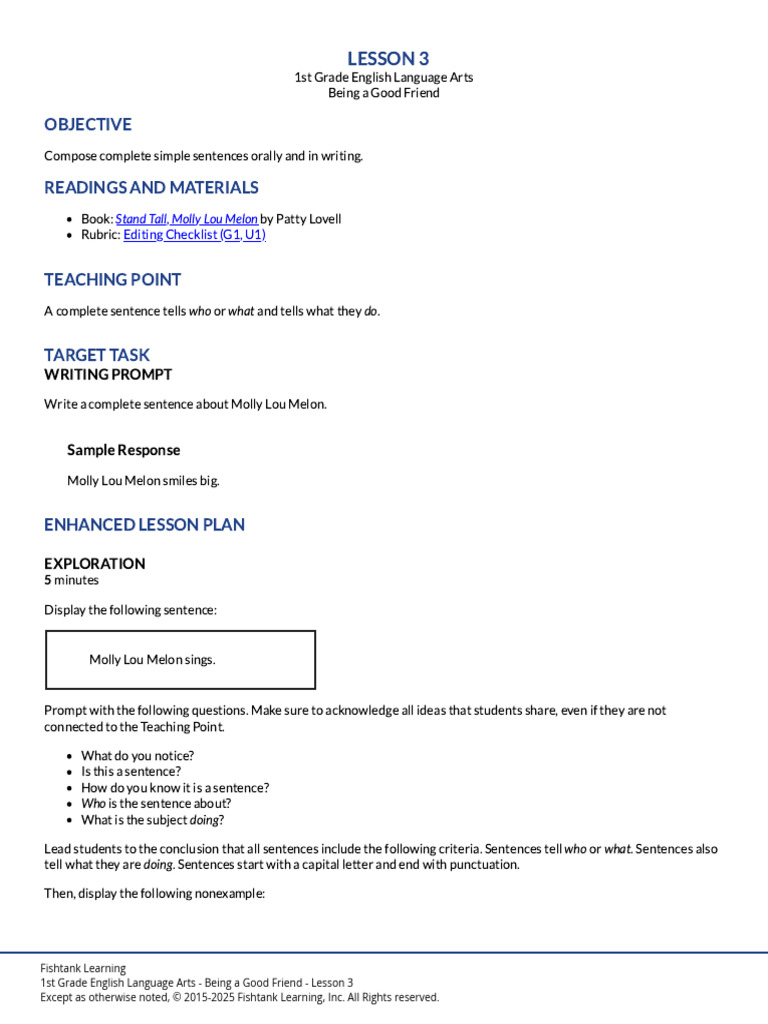 Complete Sentences in ELA Lesson 3 | PDF | Subject (Grammar) | Sentence ...