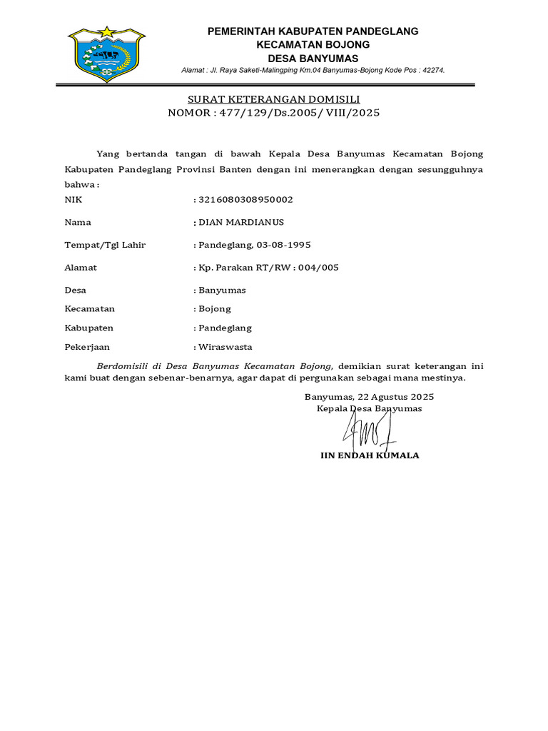 Surat Keterangan Domisili Banyumas | PDF