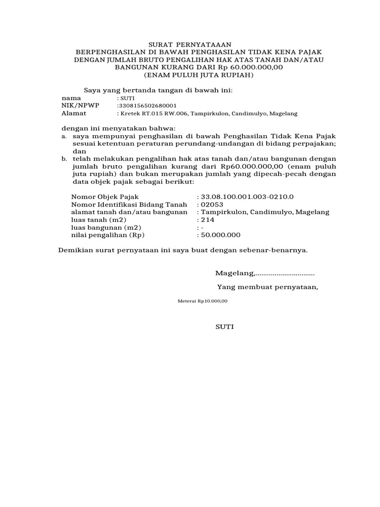 Lampiran SKB - Surat Pernyataan Berpenghasilan Di Bawah PTKP Dan ...