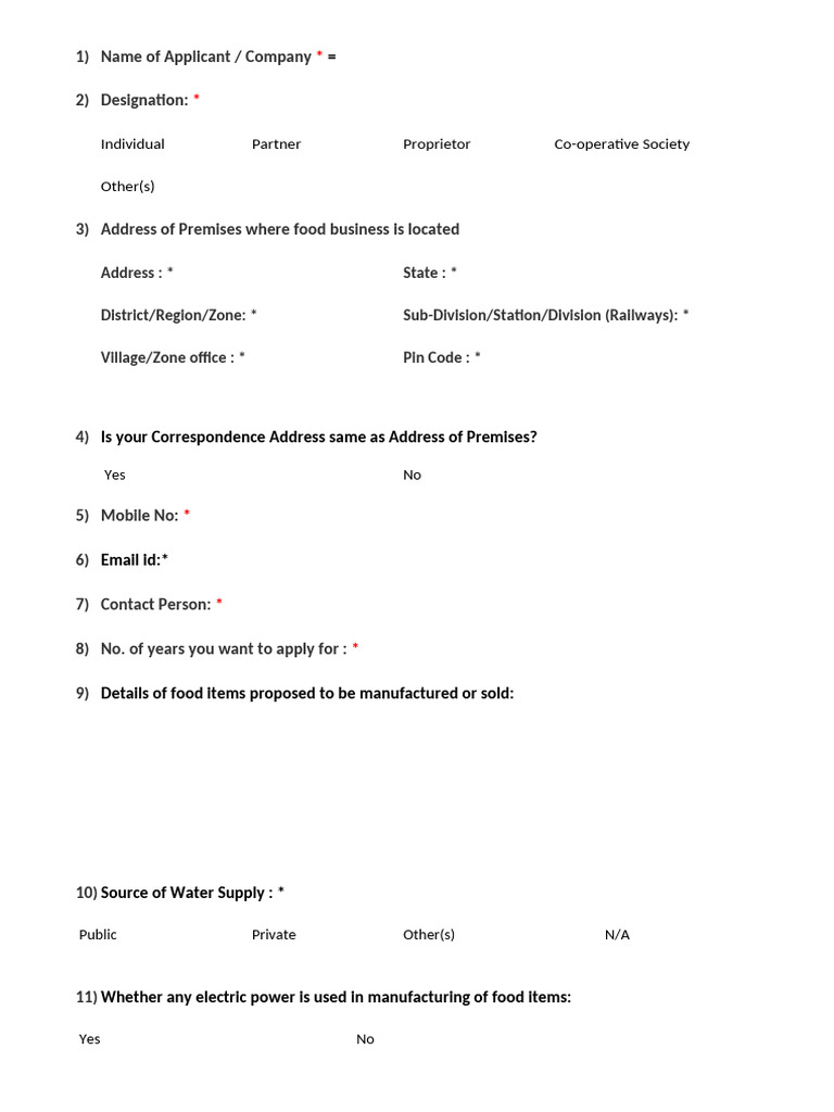 Food License Application | PDF