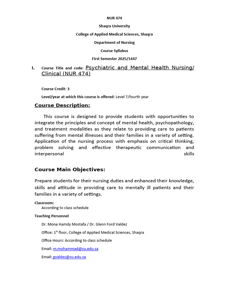 Psychiatric Nursing Course Syllabus | PDF | Academic Dishonesty ...