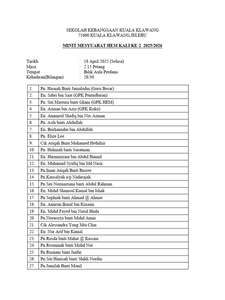 Minit Mesyuarat Hem Bil. 2 2025 | PDF