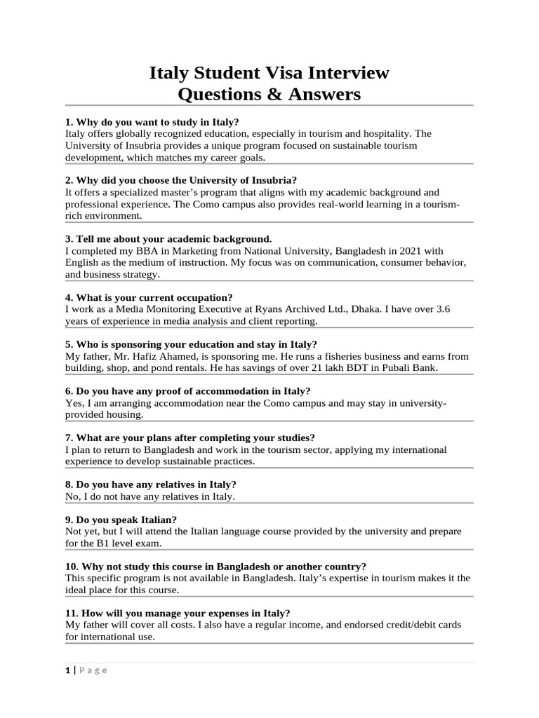 Italy Student Visa Interview Insights | PDF
