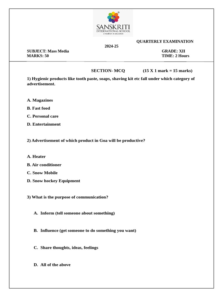 Class 12 Mass Media Sample Paper | PDF | Advertising | Mass Media