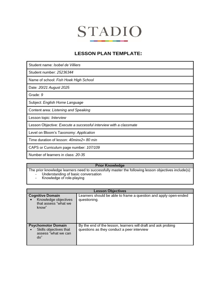 Grade 9 Interview Lesson Plan | PDF | Learning | Psychological Concepts