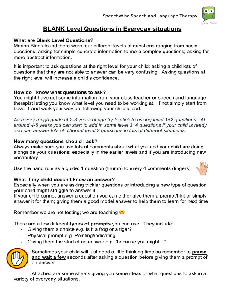 Blank Level Questions for Kids' Therapy | PDF | Cognition