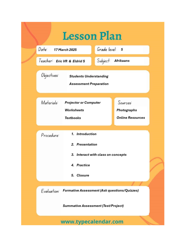 Afrikaans Lesson Plan Overview | PDF