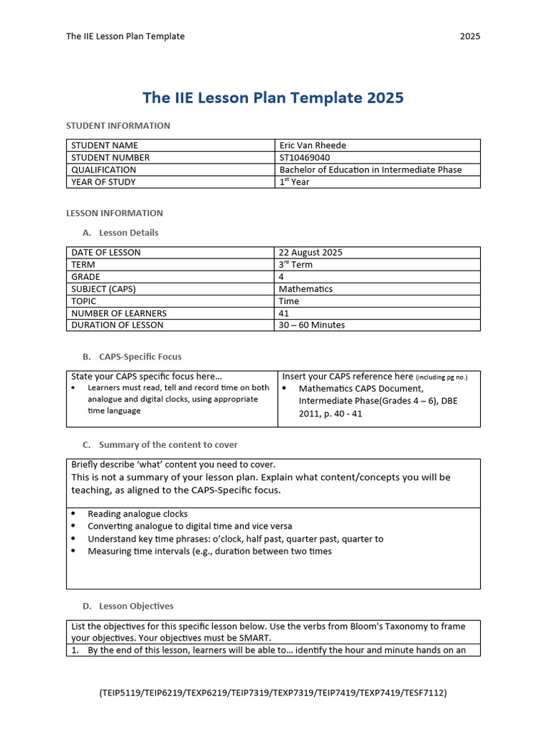 IIE 2025 Lesson Plan: Time in Maths | PDF | Lesson Plan | Learning