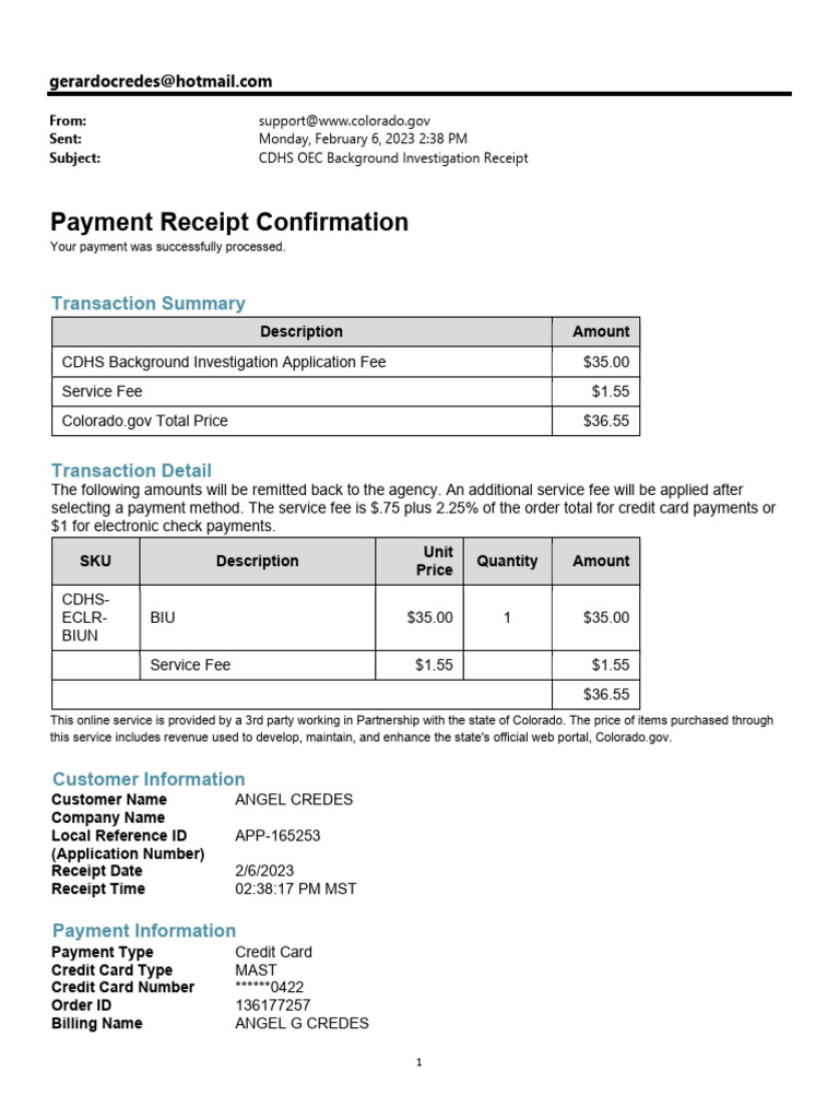 CDHS Background Investigation Receipt | PDF | Receipt | Credit Card
