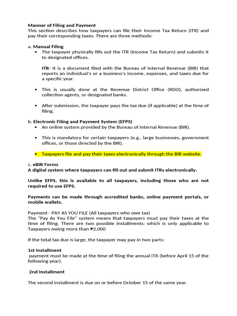 Filing and Payment of Income Tax Returns | PDF | Taxation In The United ...