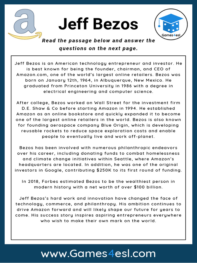 Reading Comprehension Worksheet Jeff Bezos | PDF