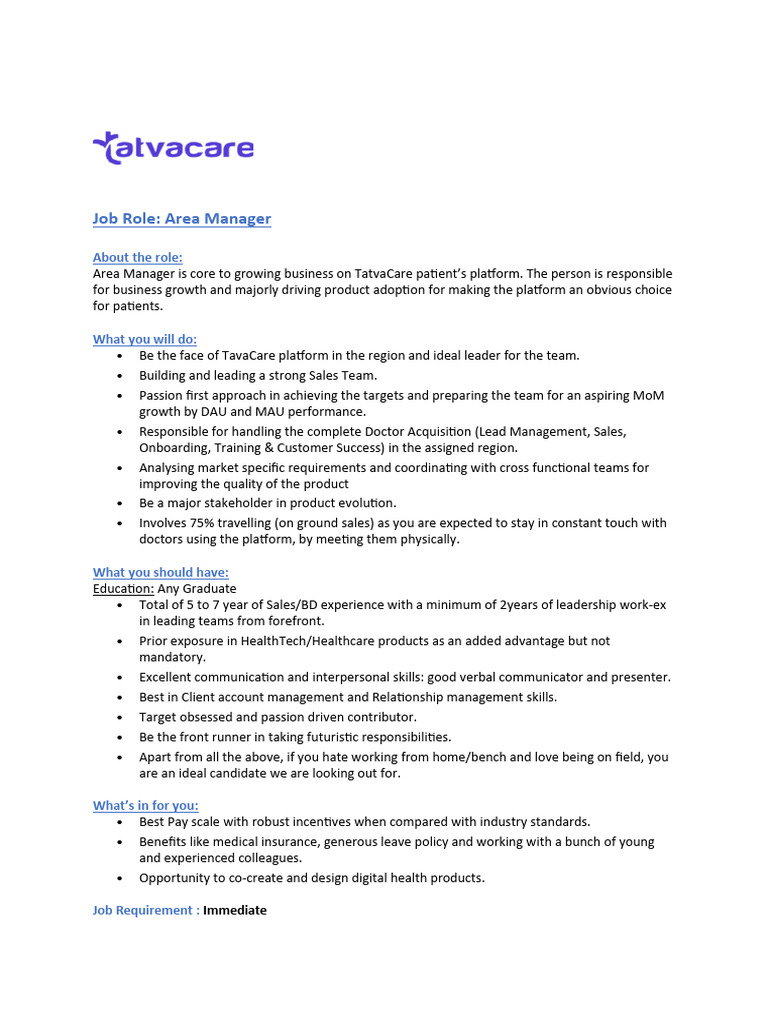 Area Manager Job Opening at TatvaCare | PDF