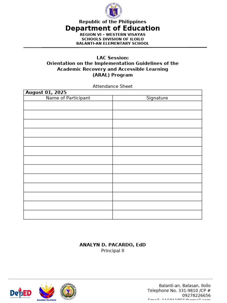 Attendance Sheet Aral Lac | PDF