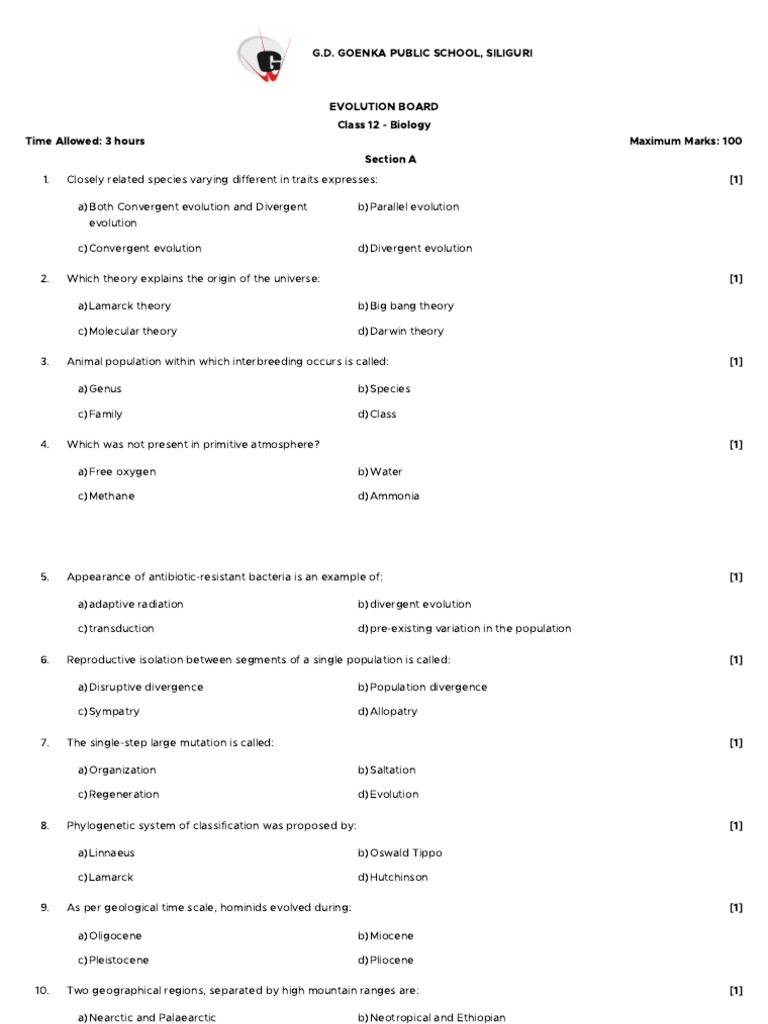 Class 12 Biology Evolution Exam Questions | PDF | Natural Selection ...